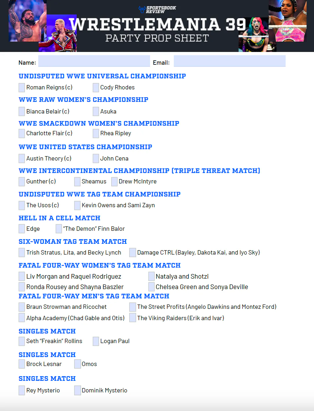 Wrestlemania 39 Prop Sheet 2023: Printable PDF Props List for Fun Party ...